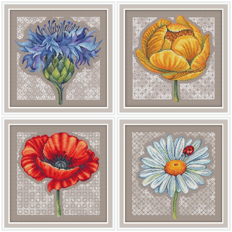 Floral Set Cross Stitch Pattern Poppy Cross Stitch Chart Flowers Cross ...