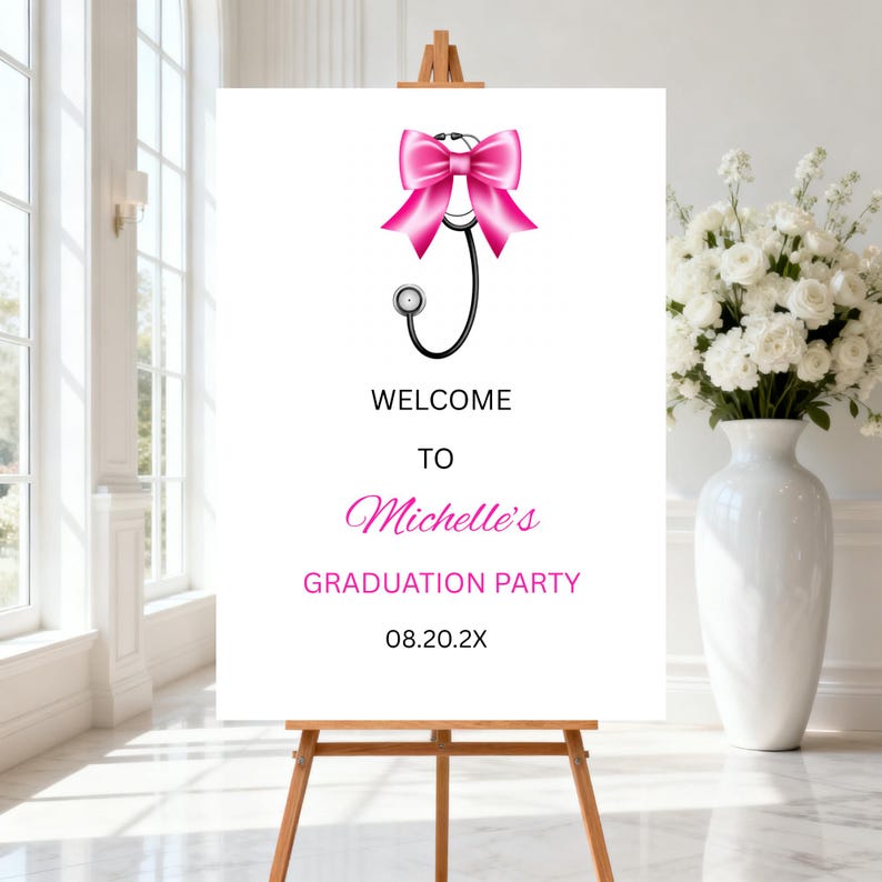 Editable Nurse Graduation Party Welcome Sign, Pink Bow Nurse Graduation ...