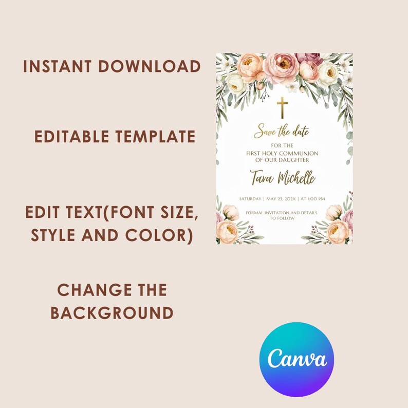 Girl First Holy Communion Save the Date, Delicate Floral Blush First ...