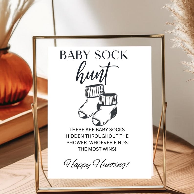 Baby Sock Hunt Game, Minimalist Baby Shower Game, Sock Hunt Sign ...