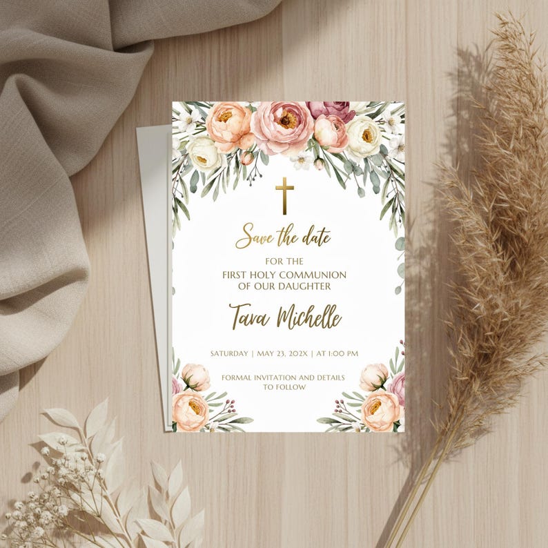 Girl First Holy Communion Save the Date, Delicate Floral Blush First ...
