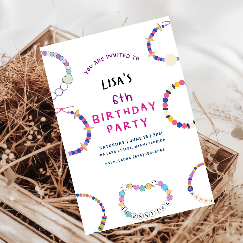 Editable Friendship Bracelet Invitation, Girl Birthday Bead Bracelet ...