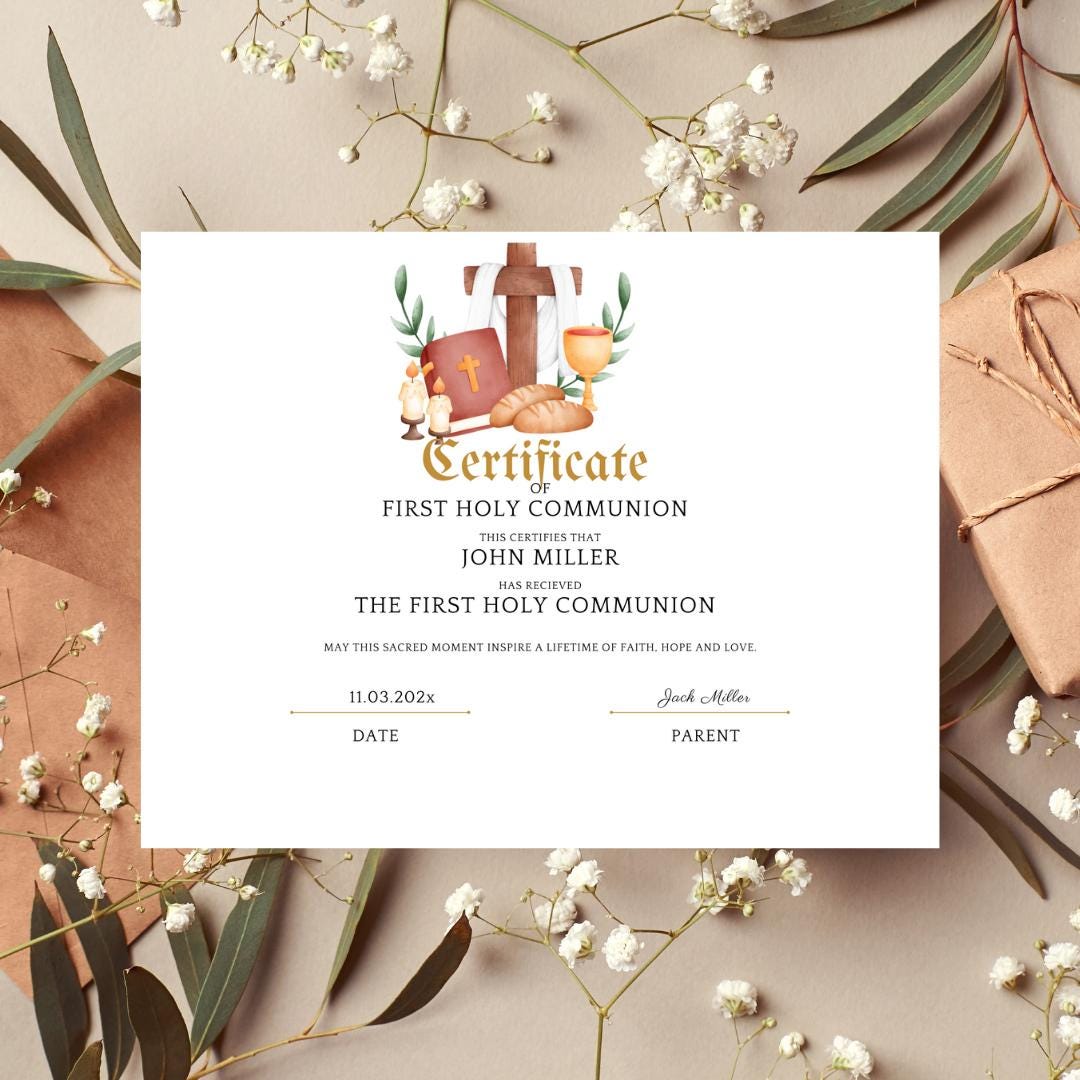 First Communion Certificate Template, Editable First Holy Communion ...