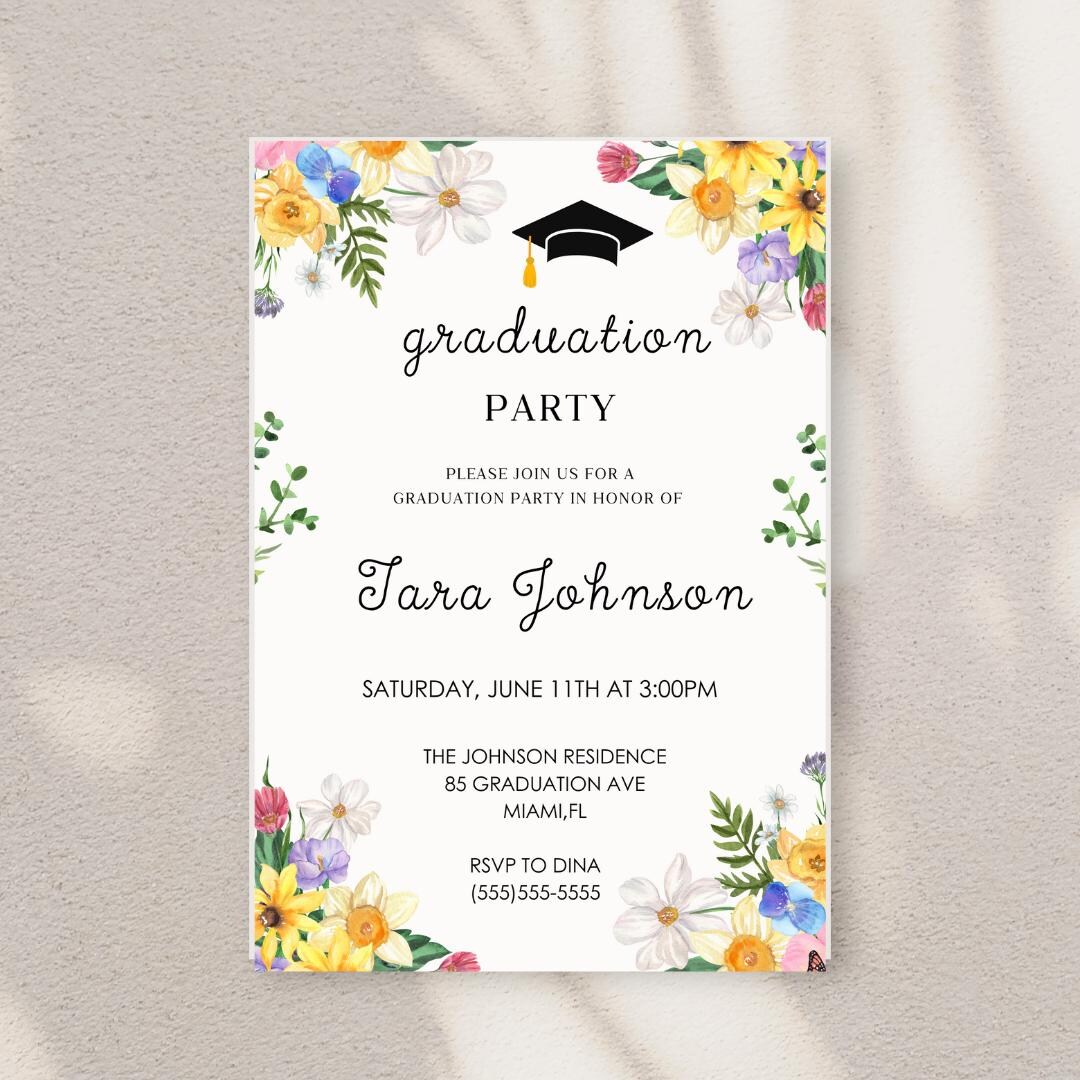 Floral Graduation Party Invitation, Floral Graduation Announcement Card ...