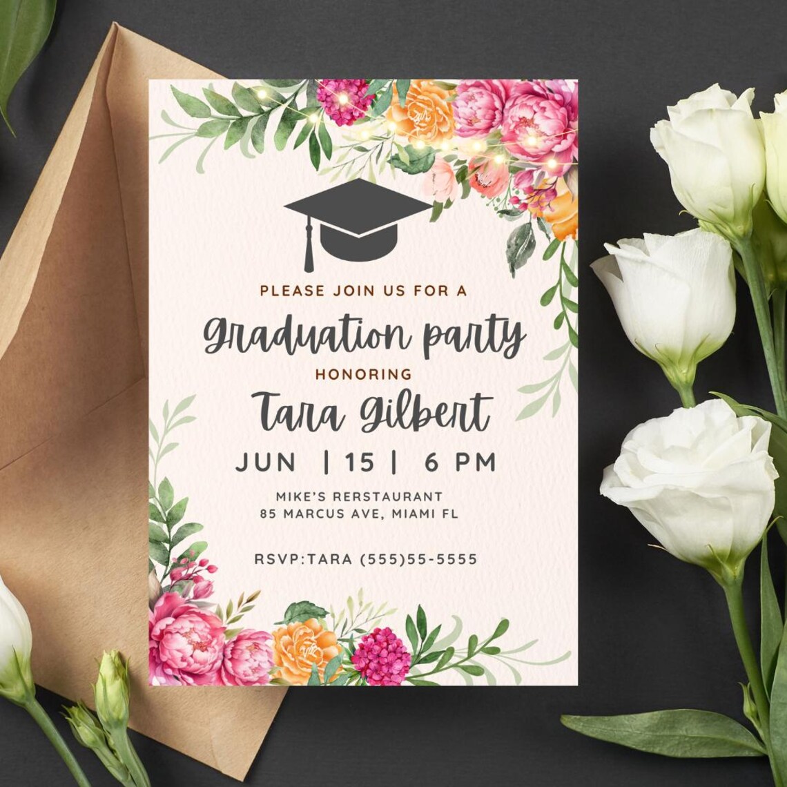 Floral Graduation Party Invitation, Floral Graduation Announcement Card ...