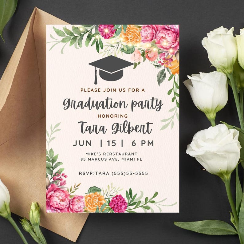 Floral Graduation Party Invitation, Floral Graduation Announcement Card ...