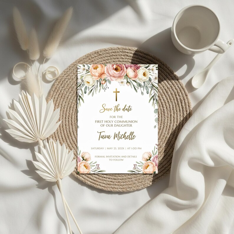 Girl First Holy Communion Save the Date, Delicate Floral Blush First ...