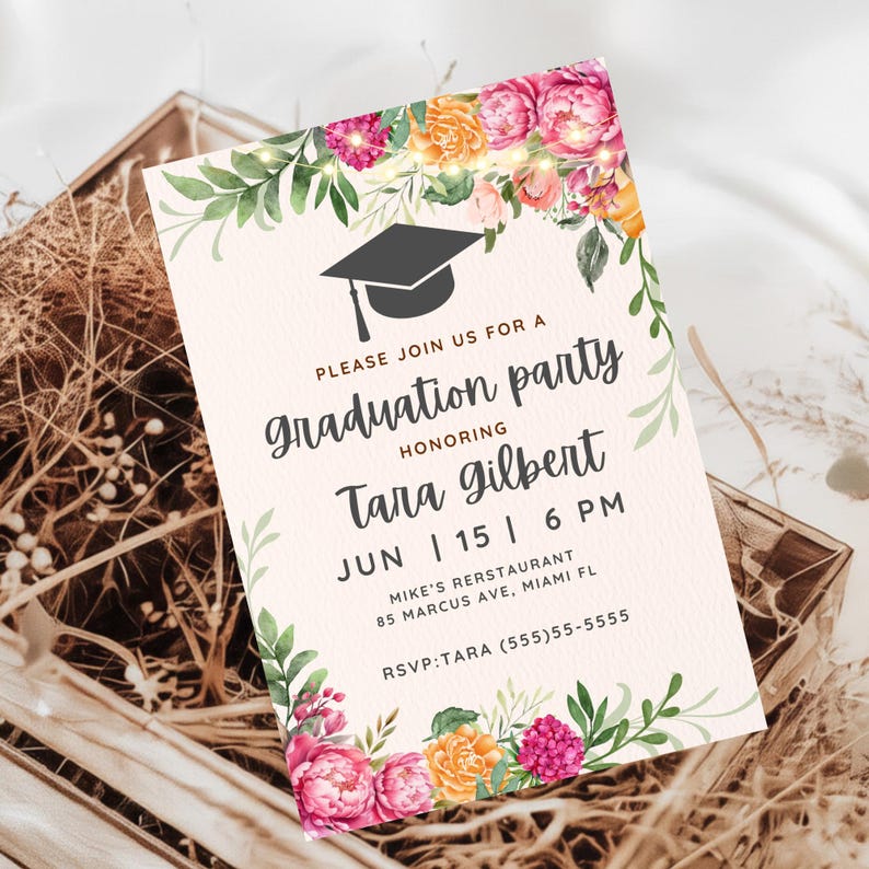 Floral Graduation Party Invitation, Floral Graduation Announcement Card ...