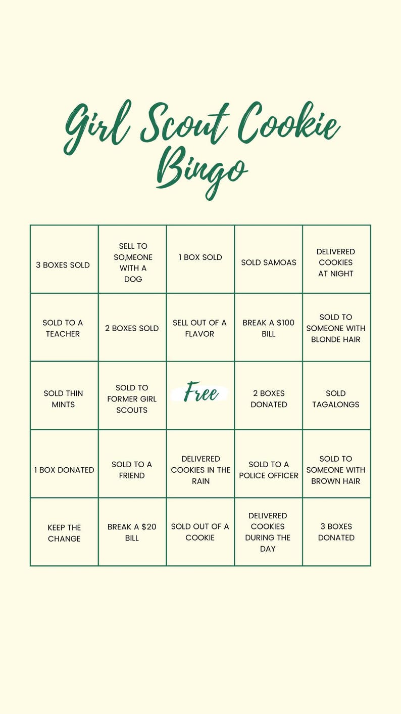 Printable Girl Scout Cookie Booth Bingo Fun Girl Scout Cookie Sales ...