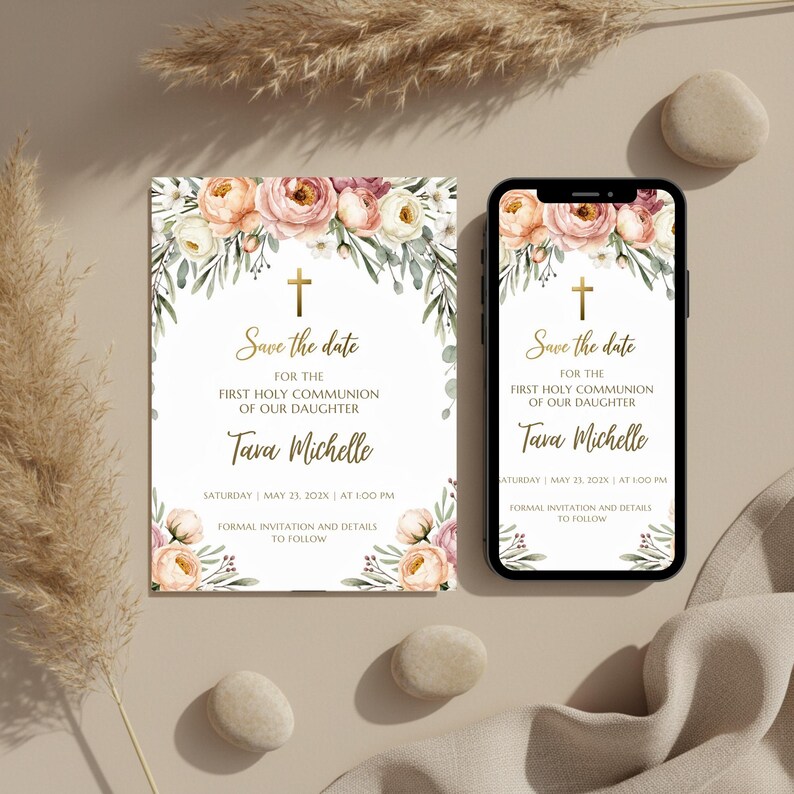 Girl First Holy Communion Save the Date, Delicate Floral Blush First ...