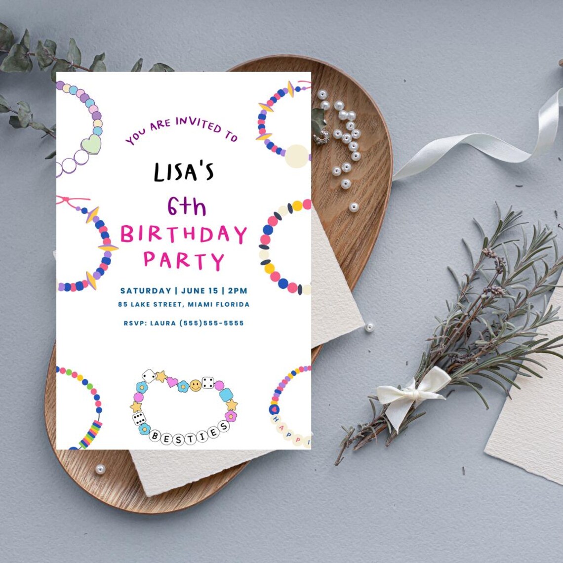 Editable Friendship Bracelet Invitation, Girl Birthday Bead Bracelet ...