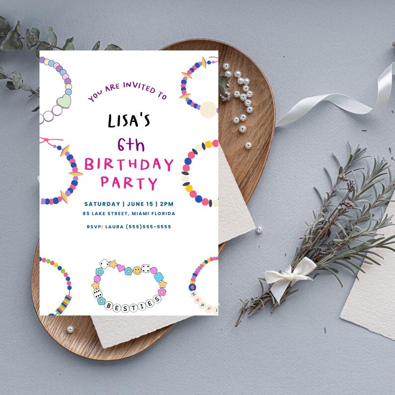 Editable Friendship Bracelet Invitation, Girl Birthday Bead Bracelet ...