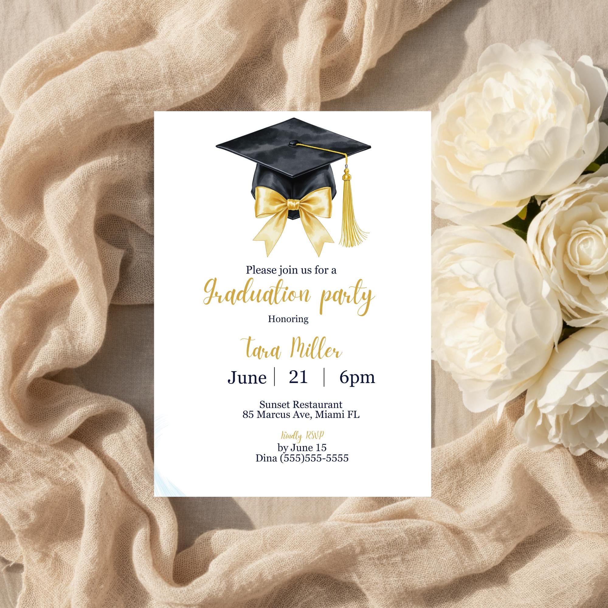 Graduation Cap & Bow Invitation Girl Grad Party Invite Template ...