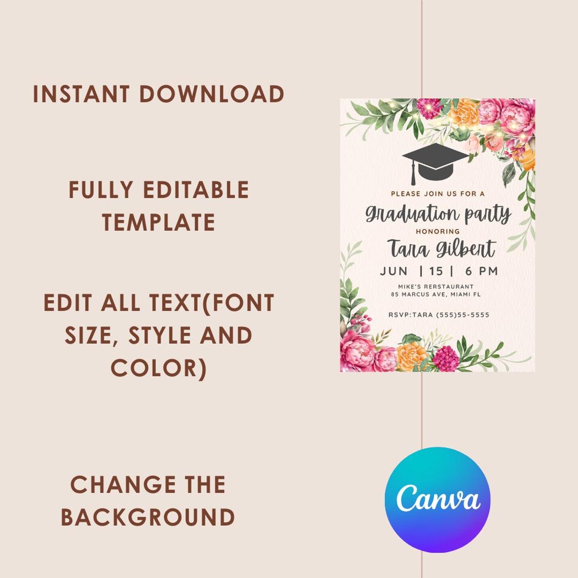 Floral Graduation Party Invitation, Floral Graduation Announcement Card ...