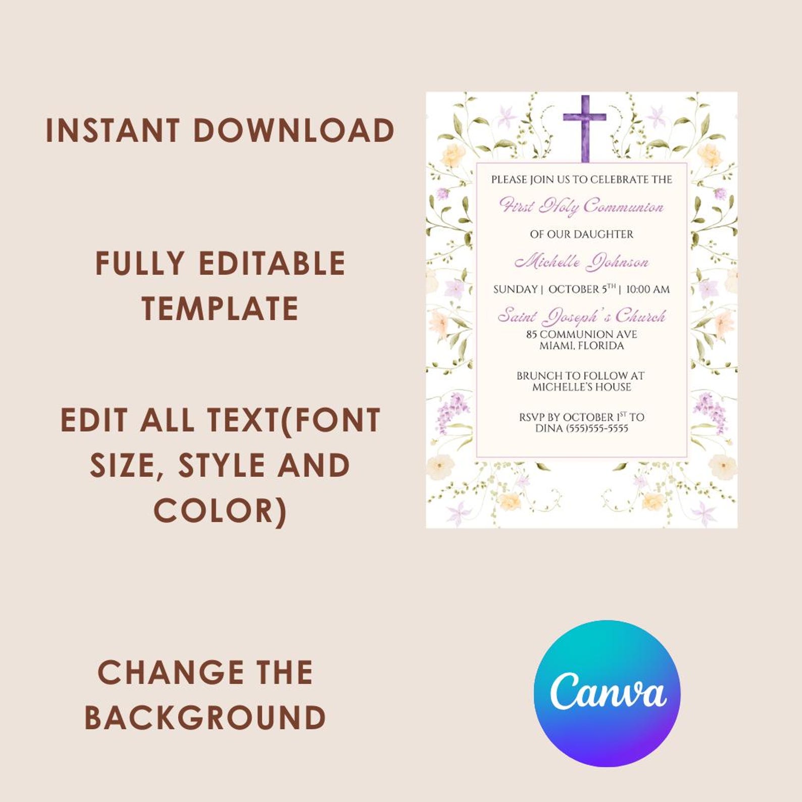 Purple Floral First Holy Communion Invitation, First Holy Communion ...