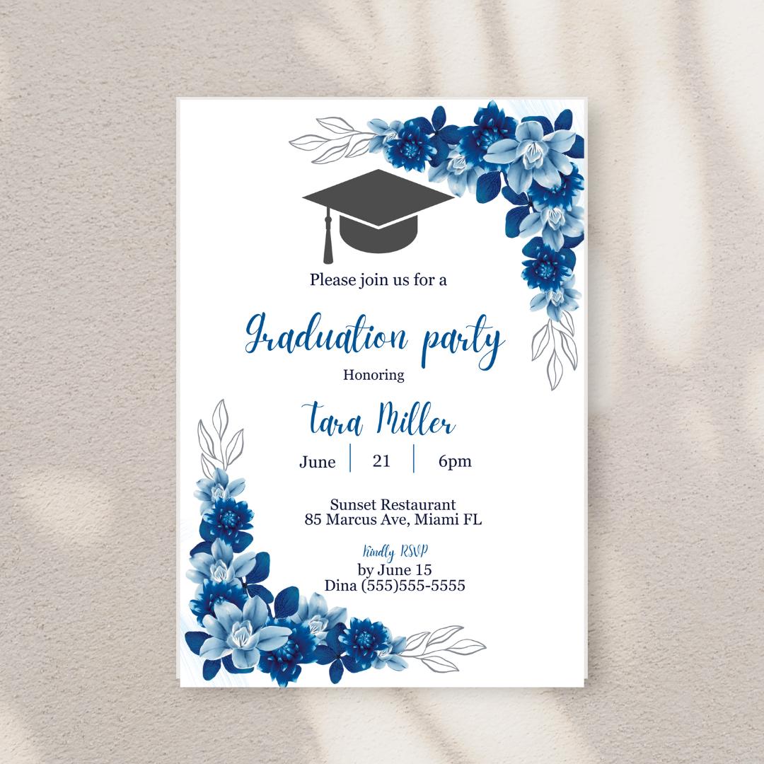 Blue Floral Editable Graduation Party Invitation, Printable Invite ...