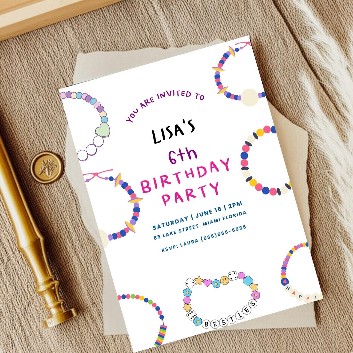 Editable Friendship Bracelet Invitation, Girl Birthday Bead Bracelet ...