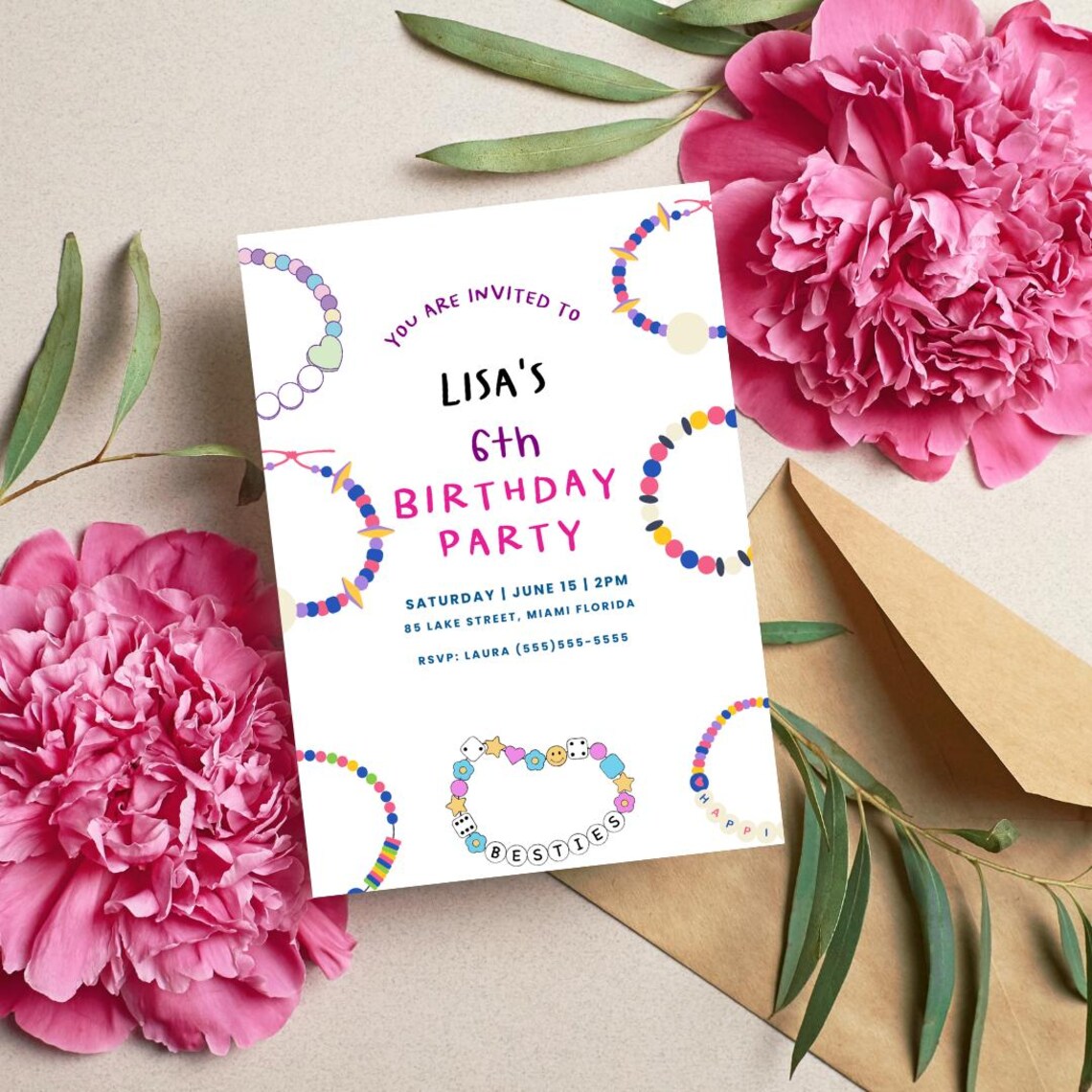 Editable Friendship Bracelet Invitation, Girl Birthday Bead Bracelet ...