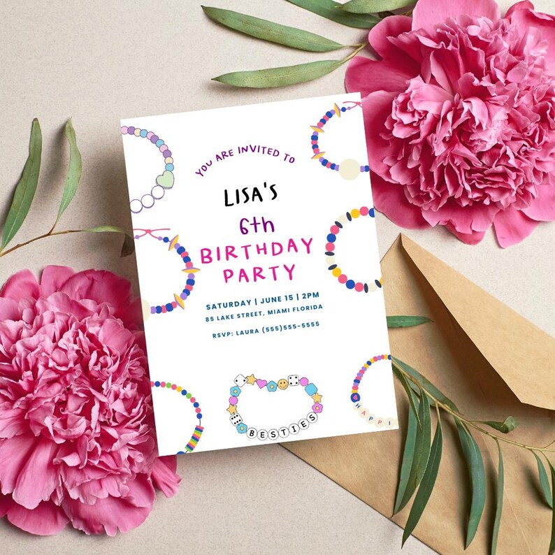 Editable Friendship Bracelet Invitation, Girl Birthday Bead Bracelet ...