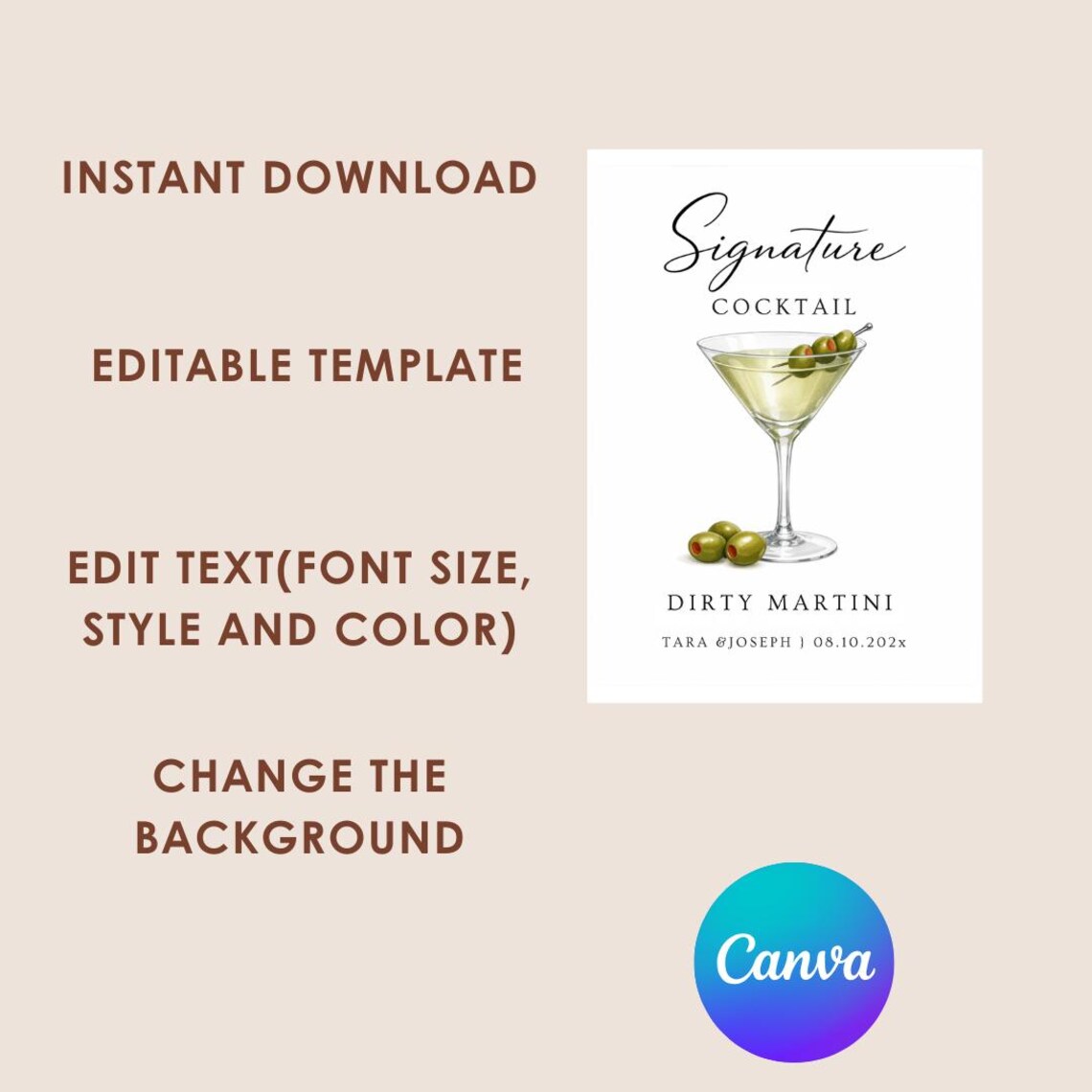 Martini Signature Drink Sign, Editable Martini Sign, Printable Dirty ...