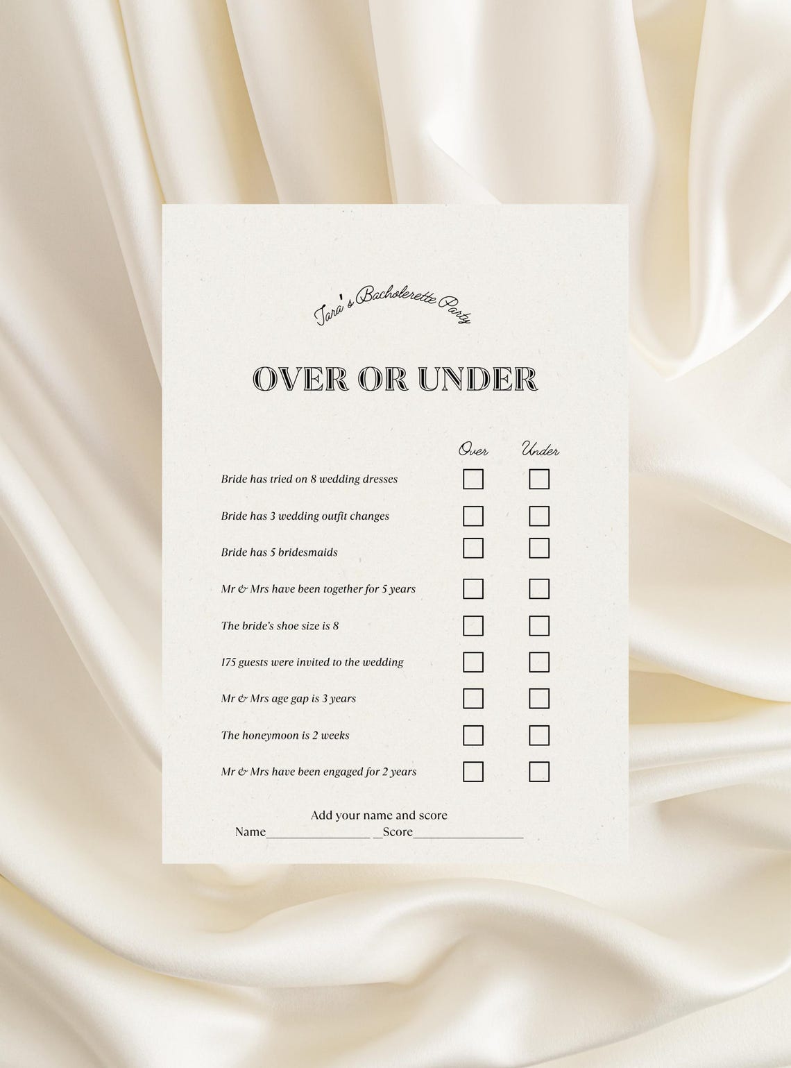Wedding Shower Games Over or Under, Over or Under Bridal Shower Game ...
