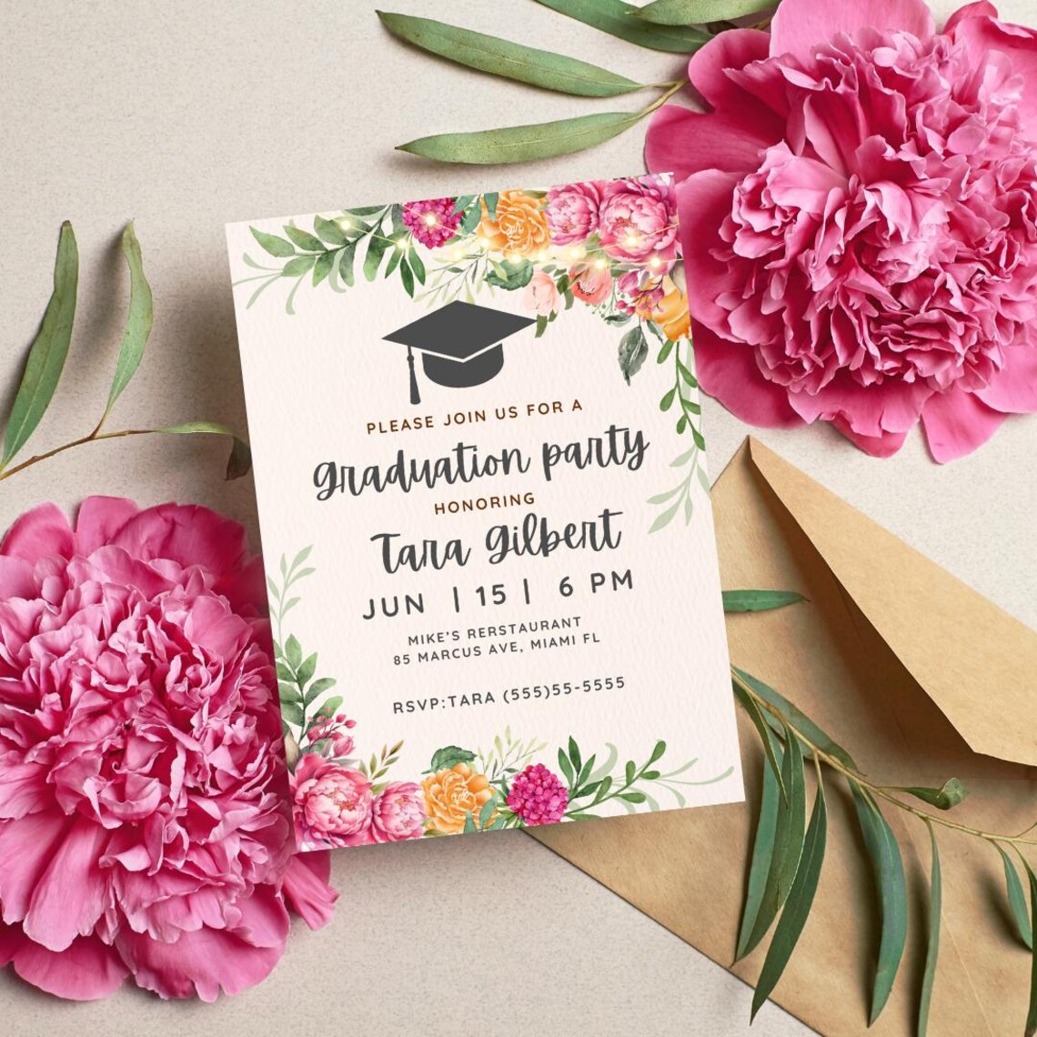 Floral Graduation Party Invitation, Floral Graduation Announcement Card ...