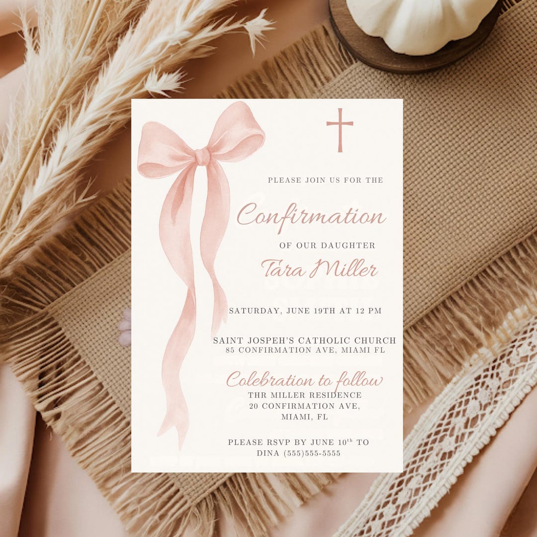 Blush Pink Bow Confirmation Invitation Watercolor Invite Printable ...