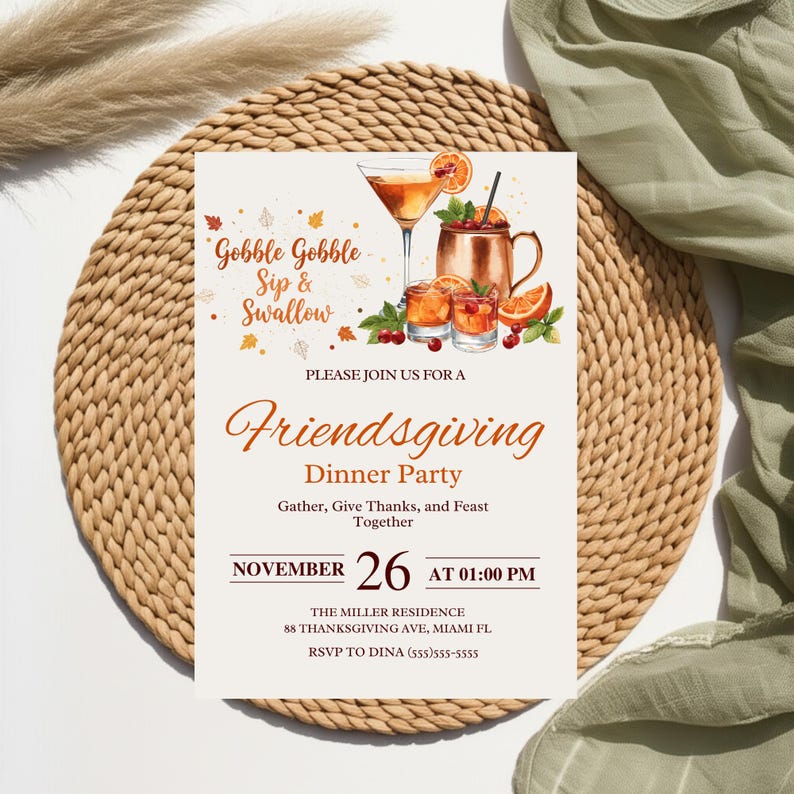 Gobble Gobble Sip & Swallow Invite , Editable Invitation, Friendsgiving ...