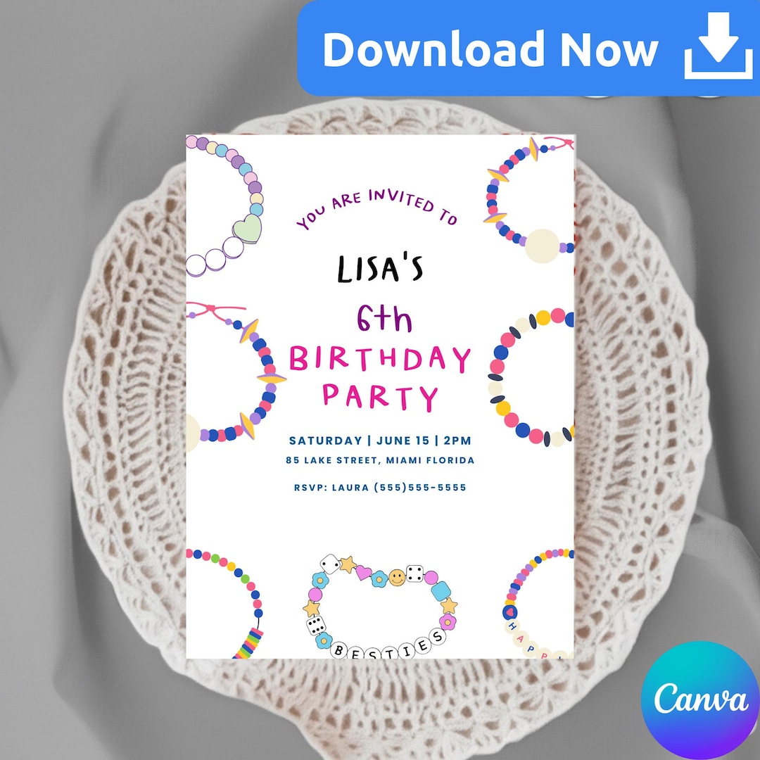Editable Friendship Bracelet Invitation, Girl Birthday Bead Bracelet ...