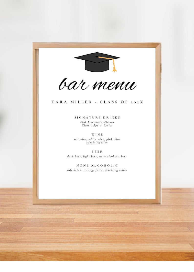 Graduation Bar Menu Sign Template, Printable Elegant Grad Party Drinks ...