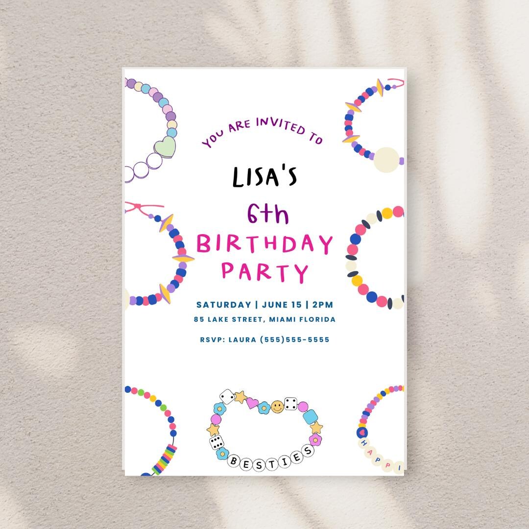 Editable Friendship Bracelet Invitation, Girl Birthday Bead Bracelet ...