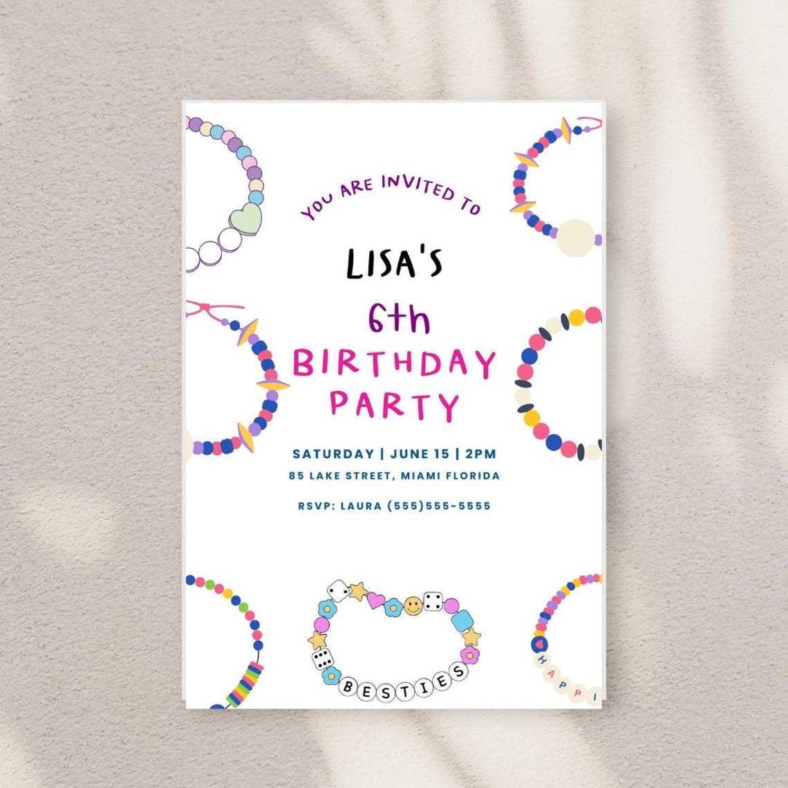 Editable Friendship Bracelet Invitation, Girl Birthday Bead Bracelet ...