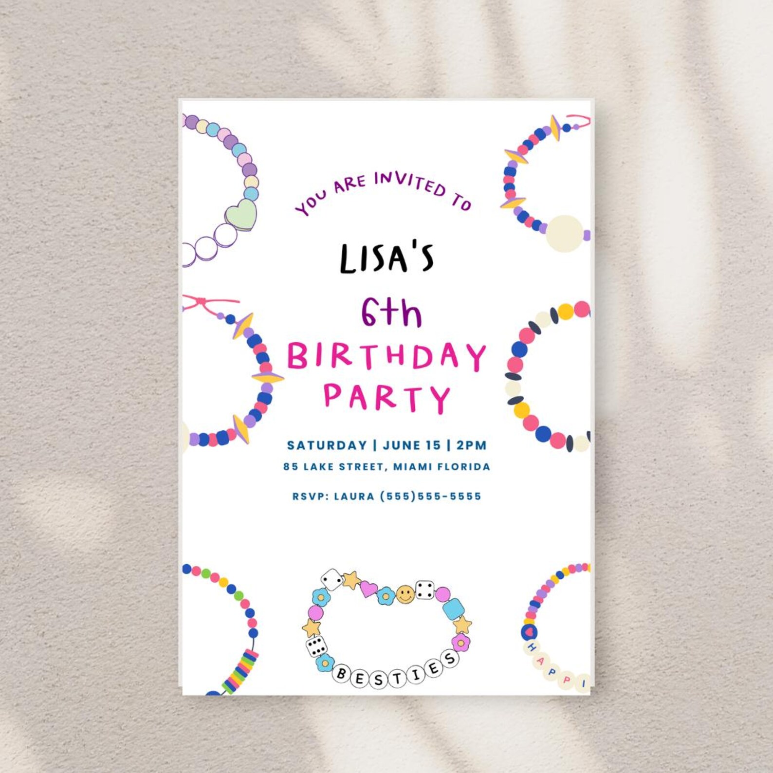 Editable Friendship Bracelet Invitation, Girl Birthday Bead Bracelet ...