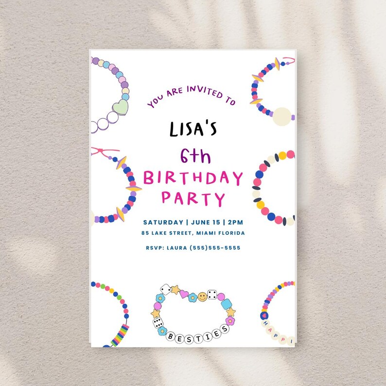 Editable Friendship Bracelet Invitation, Girl Birthday Bead Bracelet ...