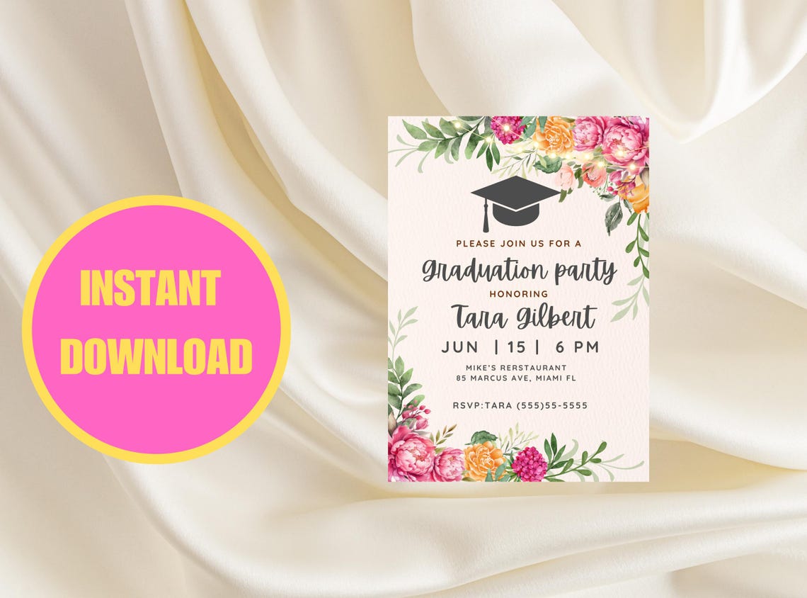 Floral Graduation Party Invitation, Floral Graduation Announcement Card ...