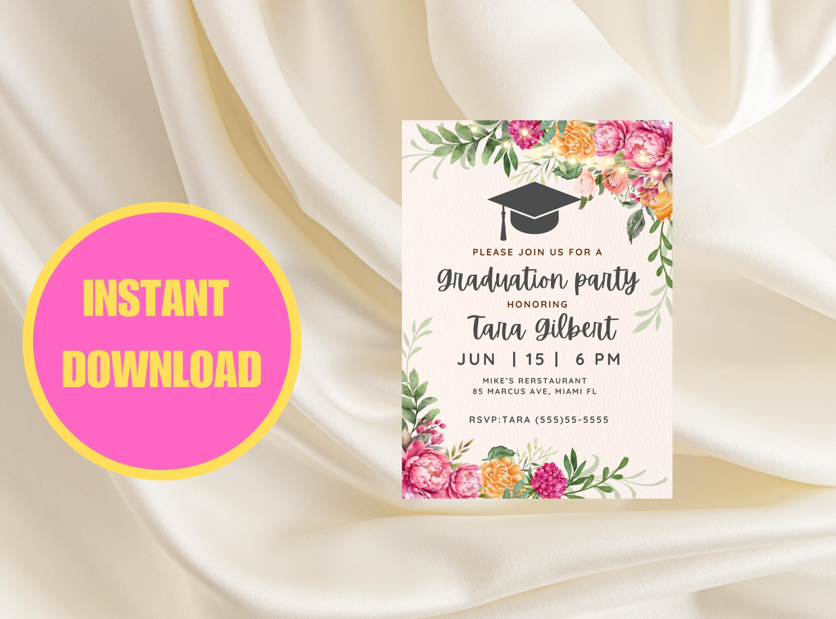 Floral Graduation Party Invitation, Floral Graduation Announcement Card ...