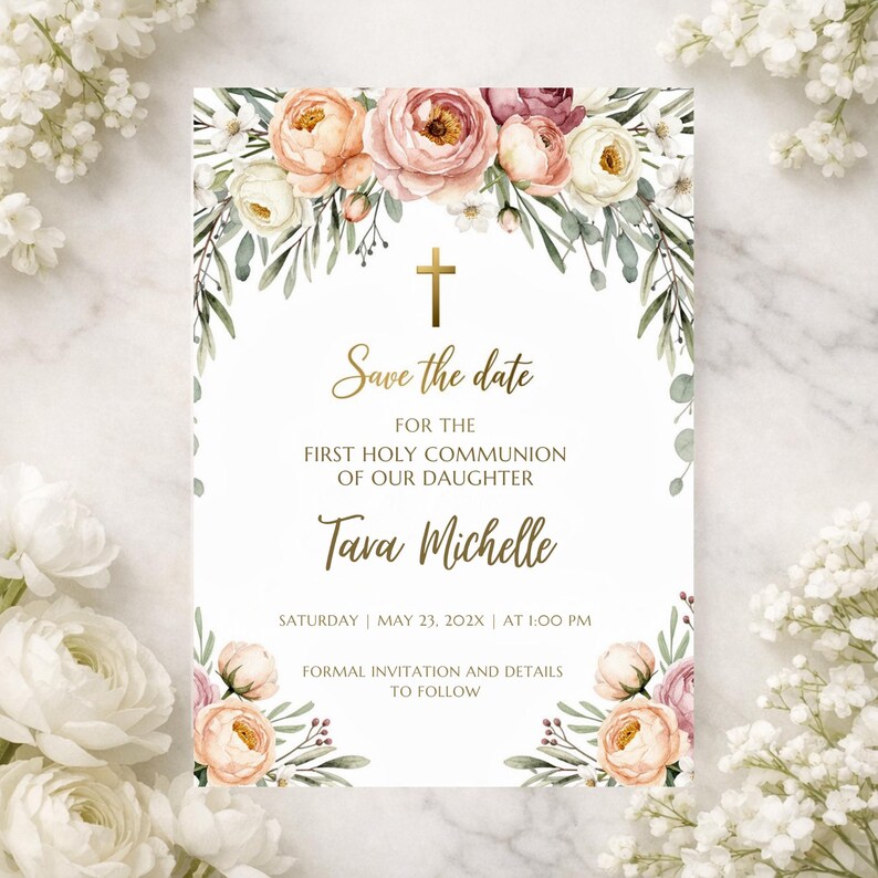 Girl First Holy Communion Save the Date, Delicate Floral Blush First ...