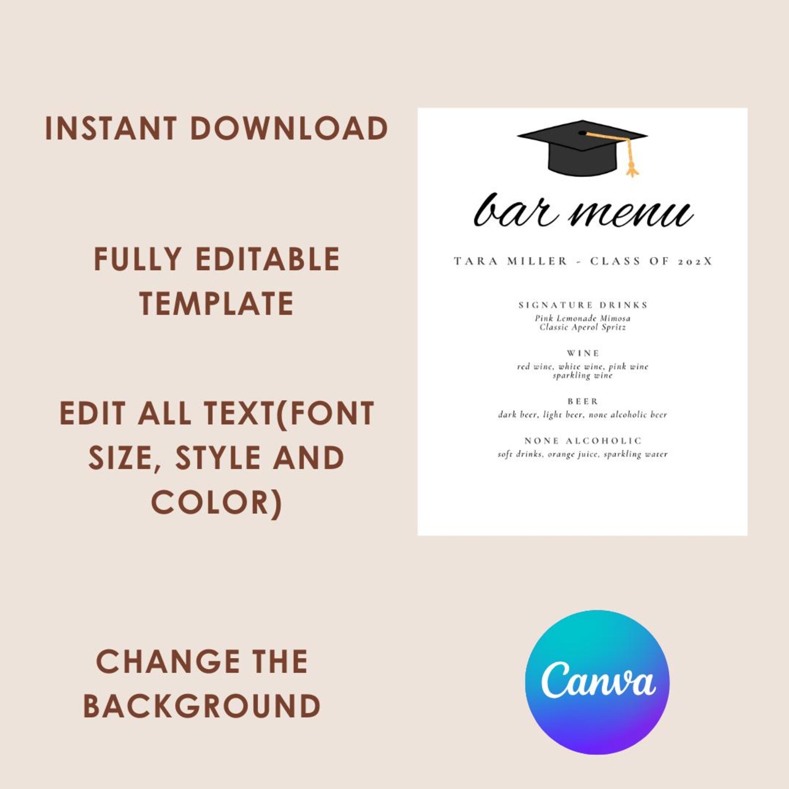 Graduation Bar Menu Sign Template, Printable Elegant Grad Party Drinks ...