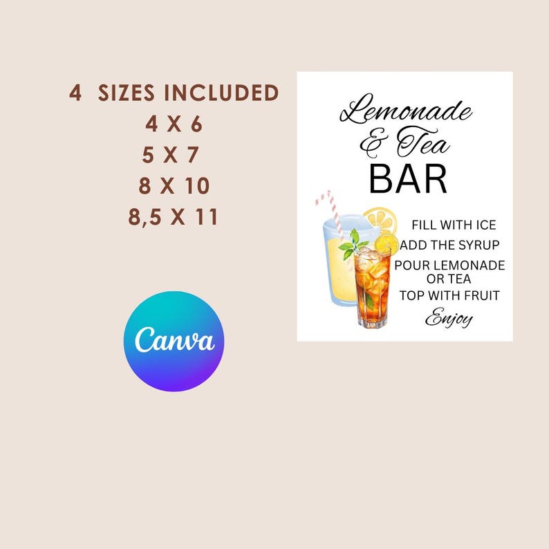 Iced Tea & Lemonade Bar Sign, Lemonade Bar Mocktail Print, Signature ...