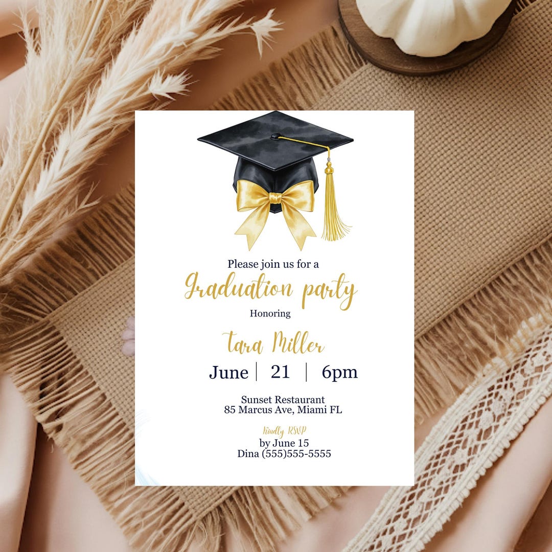 Graduation Cap & Bow Invitation Girl Grad Party Invite Template ...