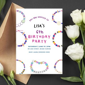 Editable Friendship Bracelet Invitation, Girl Birthday Bead Bracelet ...