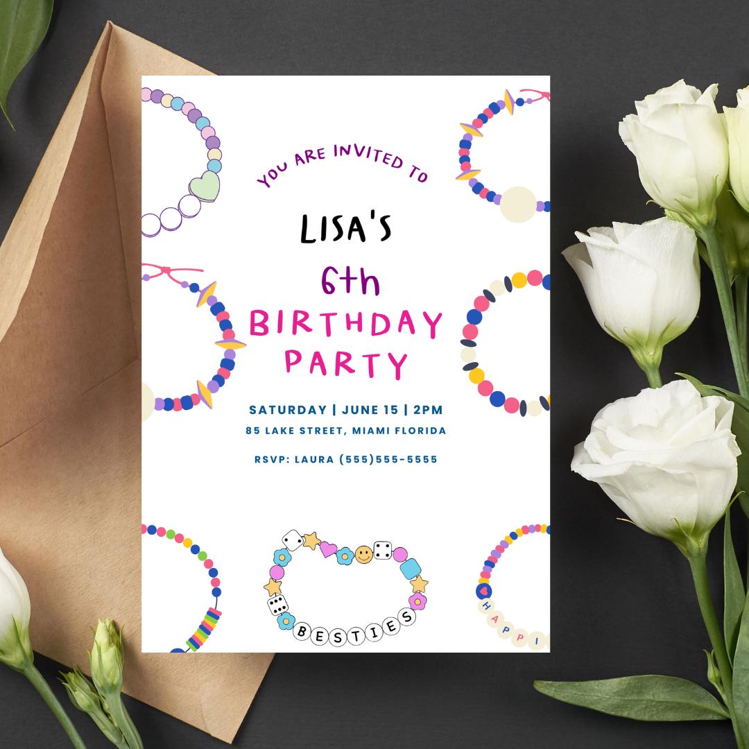 Editable Friendship Bracelet Invitation, Girl Birthday Bead Bracelet ...