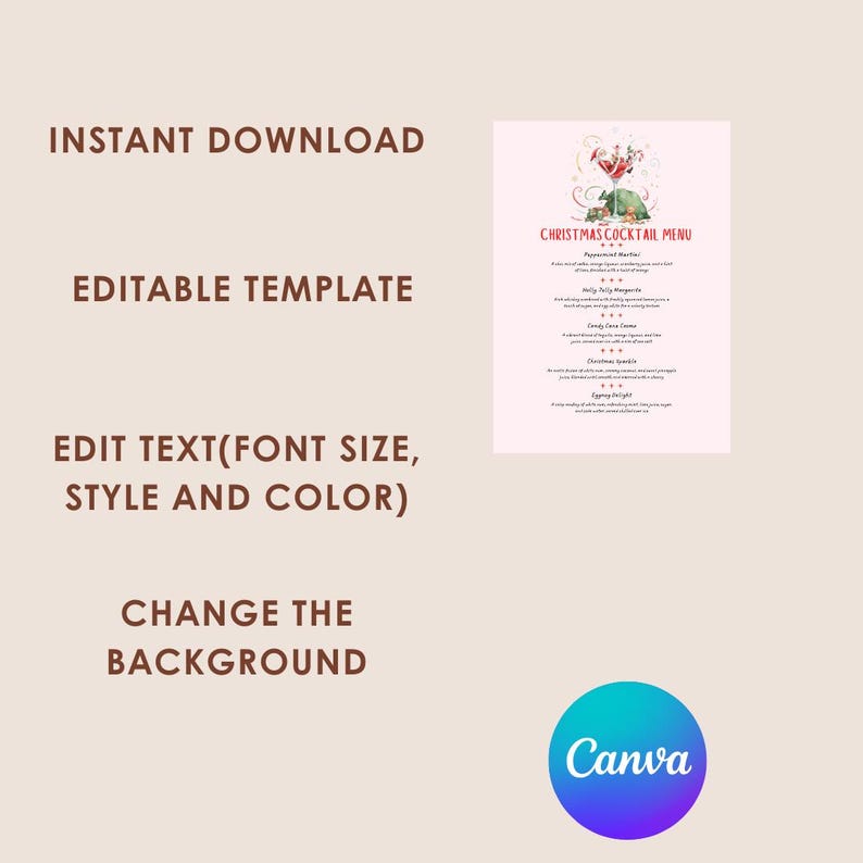 Christmas Cocktail Menu Sign Template, Holiday Party Bar Printable ...