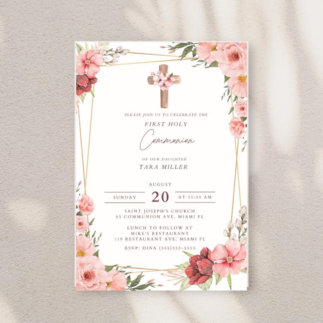 Pink First Holy Communion Invitation Template, Pink Watercolor ...