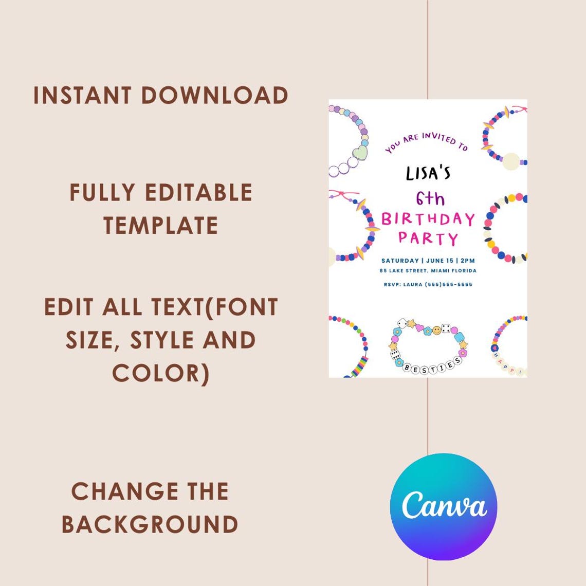 Editable Friendship Bracelet Invitation, Girl Birthday Bead Bracelet ...