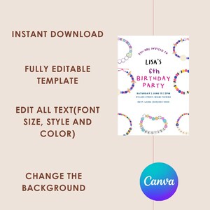 Editable Friendship Bracelet Invitation, Girl Birthday Bead Bracelet ...