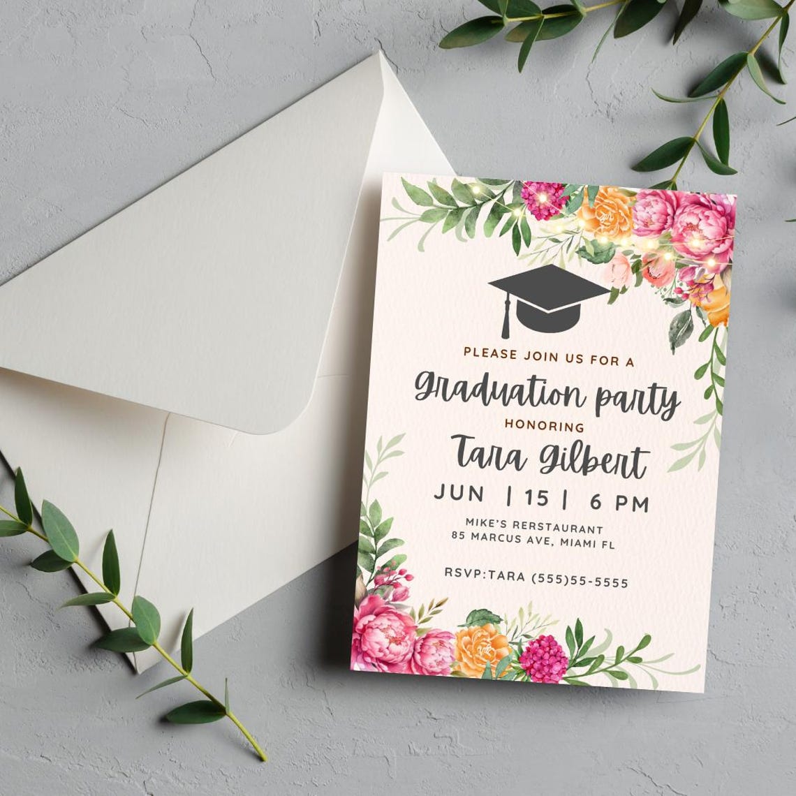 Floral Graduation Party Invitation, Floral Graduation Announcement Card ...