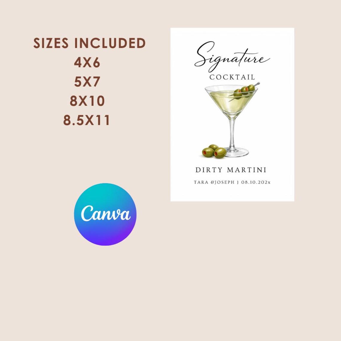 Martini Signature Drink Sign, Editable Martini Sign, Printable Dirty ...