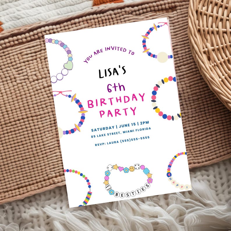 Editable Friendship Bracelet Invitation, Girl Birthday Bead Bracelet ...