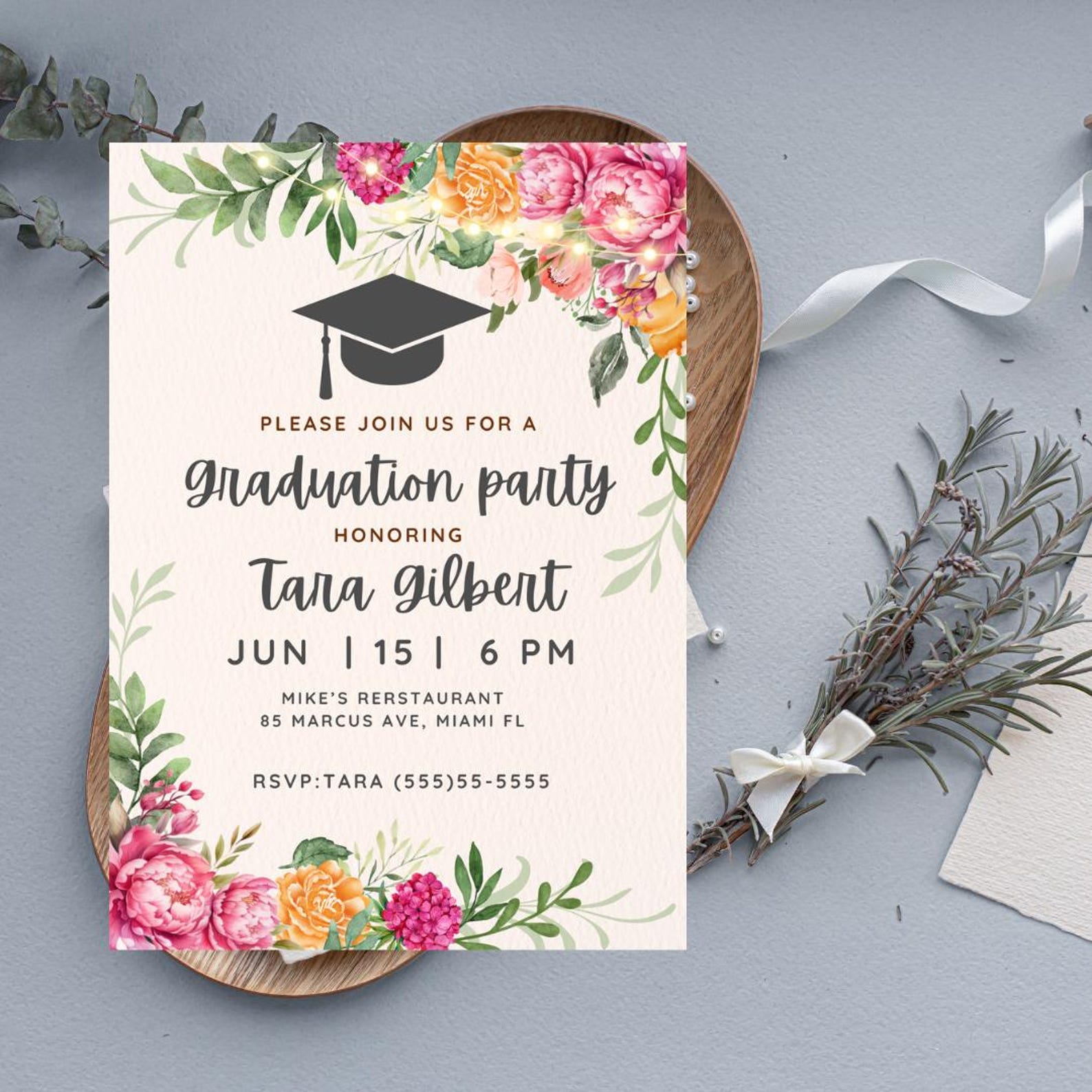 Floral Graduation Party Invitation, Floral Graduation Announcement Card ...
